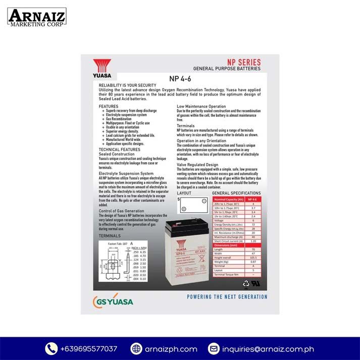 Yuasa NP4-6 VRLA Battery (6V 4Ah) Sealed Lead-Acid Industrial Battery ...